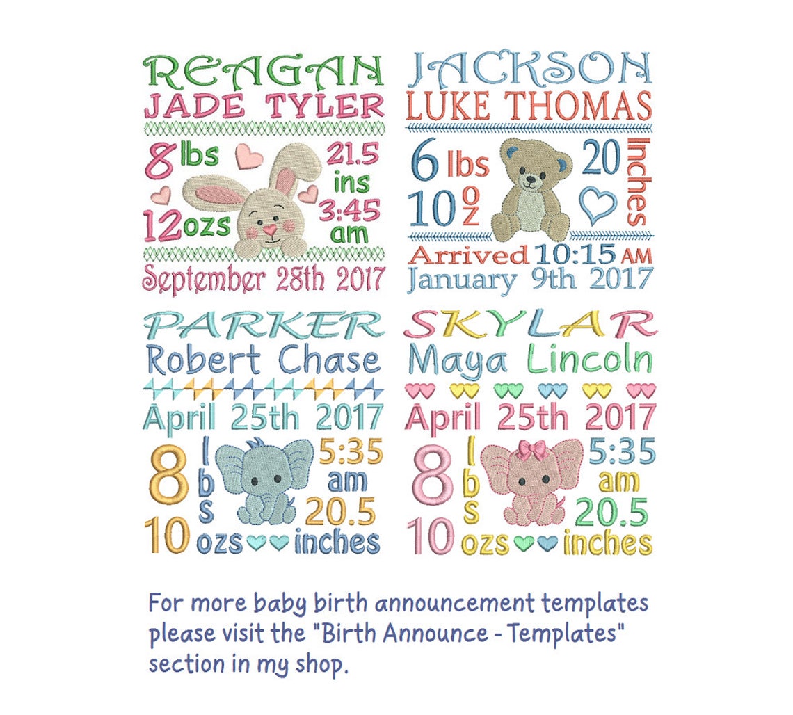 Birth Announcement Embroidery Design, Birth Template, Baby Birth Stats ...