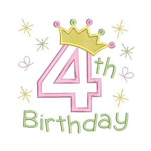 4th Birthday Princess Embroidery Design, Princess Crown, Girl's ...