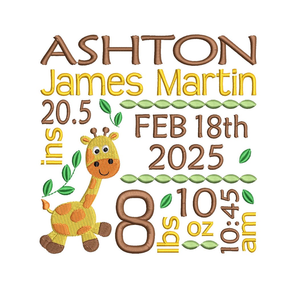 Baby Birth Template Embroidery Design, Baby Birth Stats, Giraffe ...