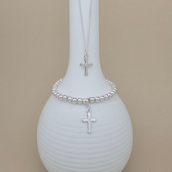 NestGiftShop Silver Christening Cross Necklace and Bracelet Set