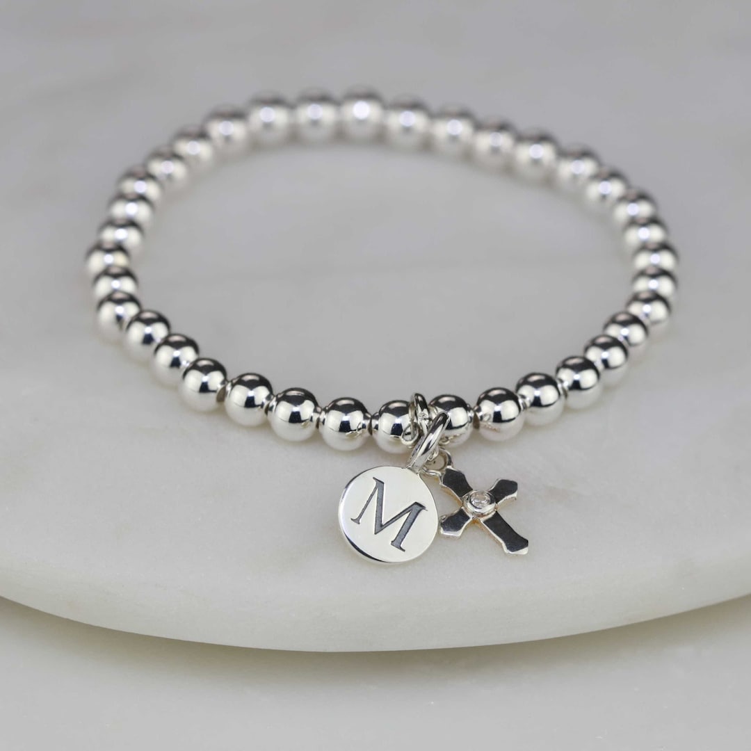 Personalised Children's Silver Bead Christening Bracelet With Solid ...