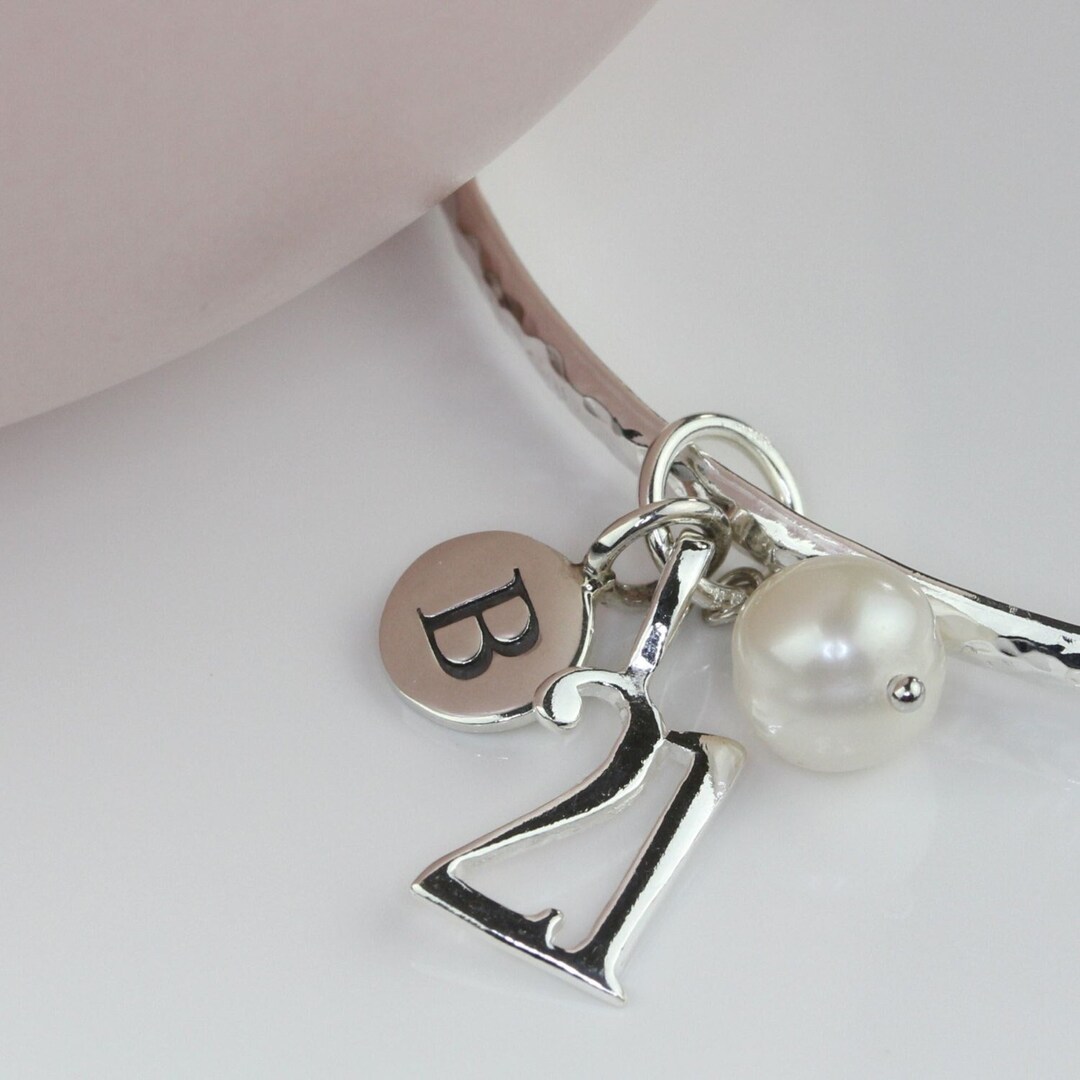 Silver 21st Birthday Charm and Freshwater Pearl Personalised Hammered ...