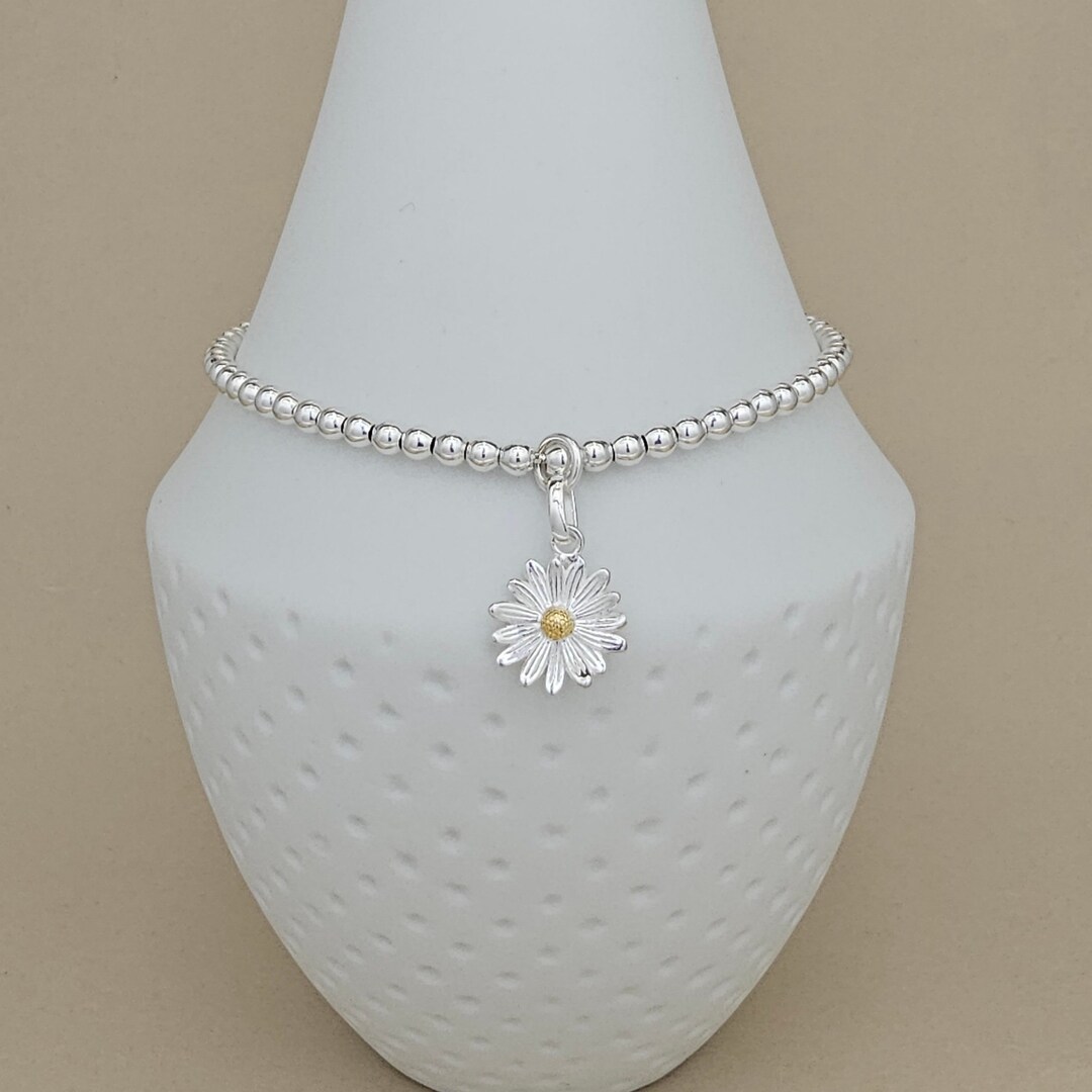Delicate Daisy Charm Sterling Silver Bead Bracelet - Etsy