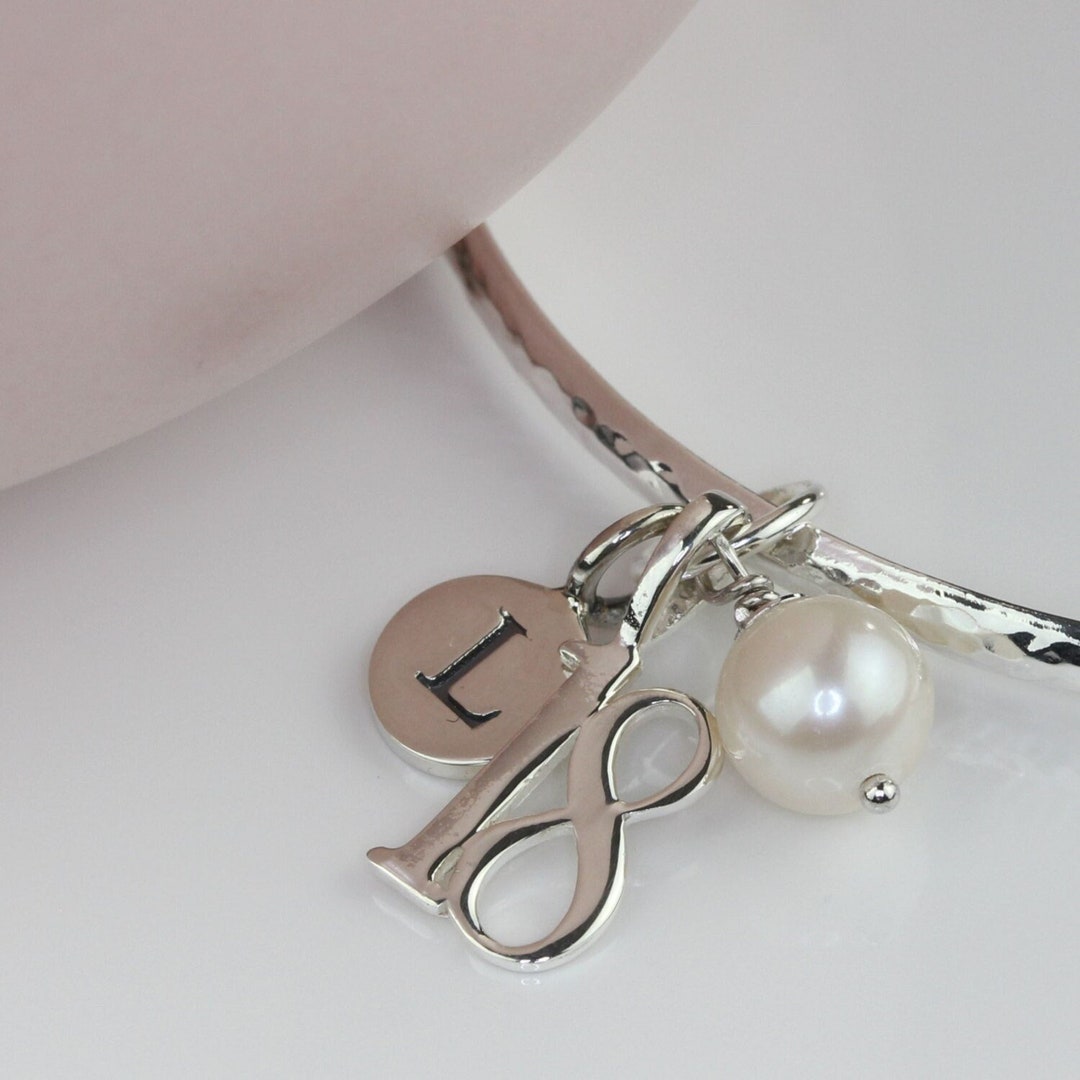 Silver 18th Birthday Charm and Freshwater Pearl Personalised Hammered ...