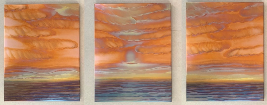 Triptych, Sunset, 3- 14”w X 18” H, Copper Fire Paintings - Etsy