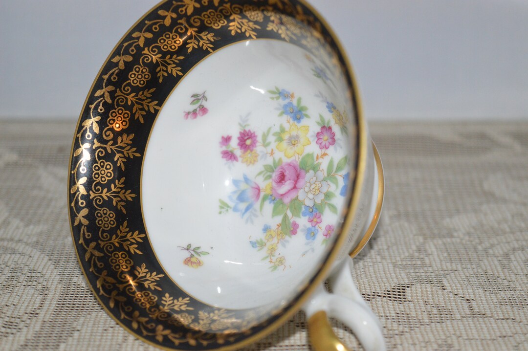 Navy Blue and Gold Teacup / Made in Bavaria / Pastel Flowers / White ...