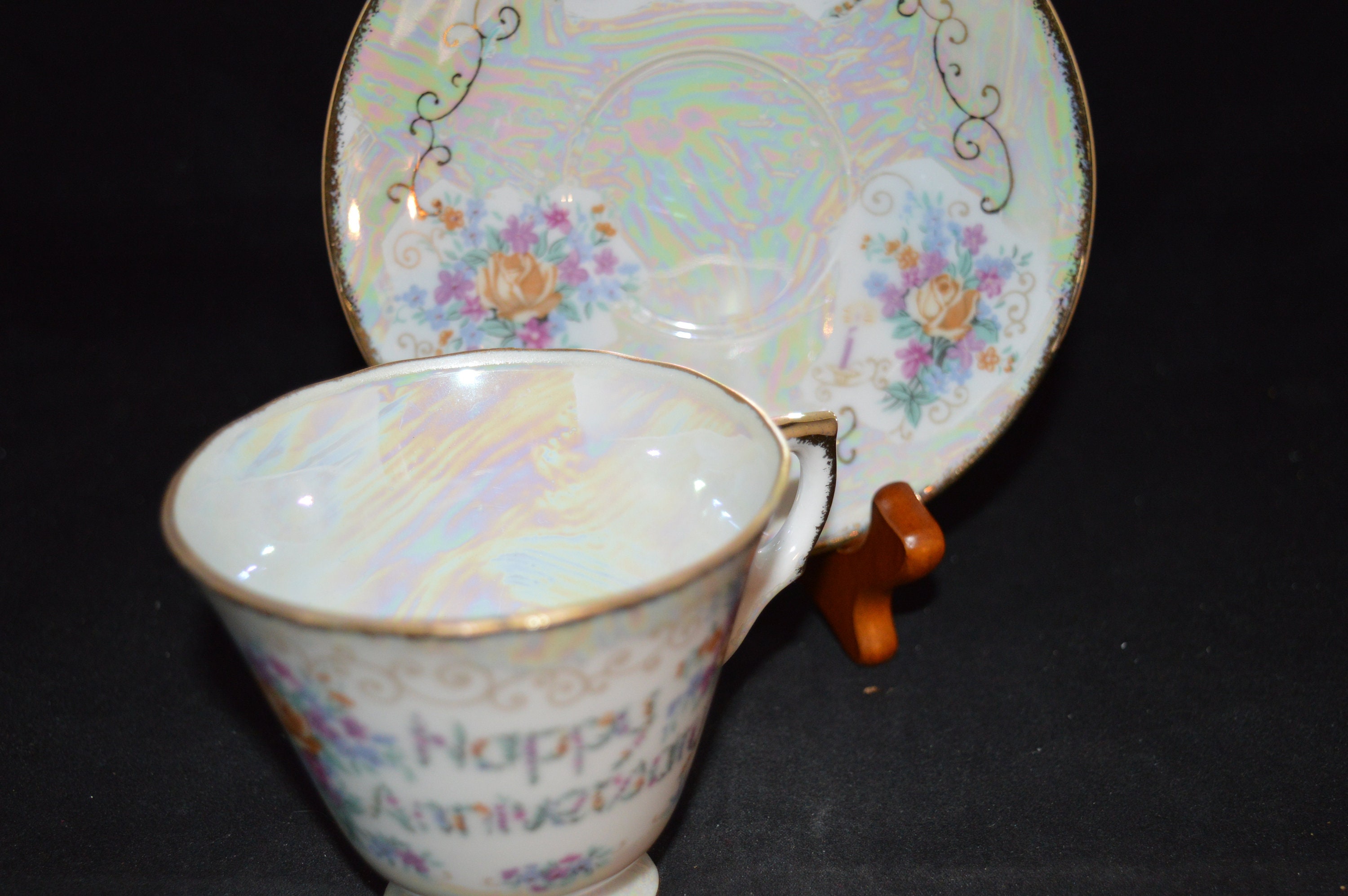 Happy Anniversary tea cup and saucer / Japan / floral | Etsy