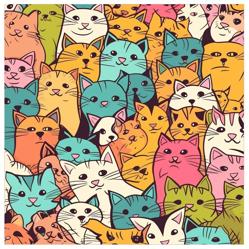 Crowd of Cats Cartoon Digital Paper - Etsy