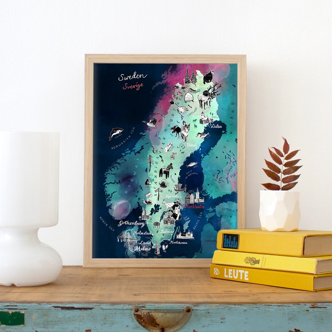 Sweden Map Illustration, Illustrated Travel Print, Scandinavia Wall ...