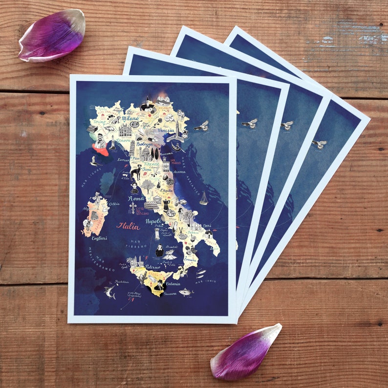 Italy Postcard, Hand Drawn Travel Map, Illustrated Mini Italy Print ...