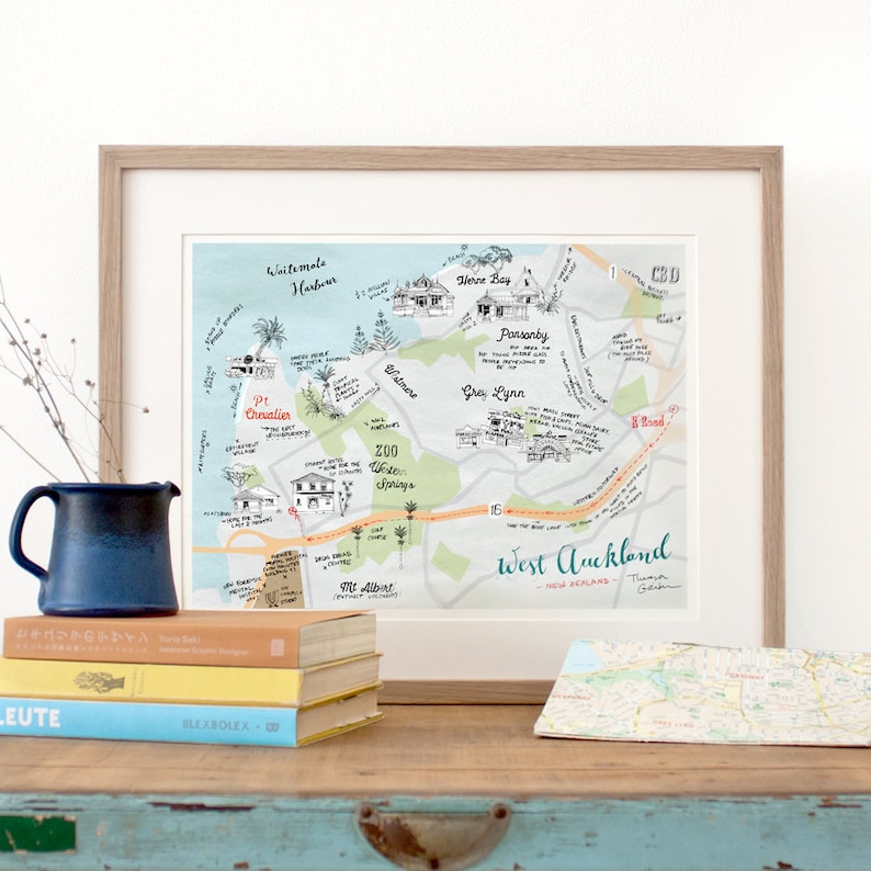 West Auckland Map, New Zealand Map, Art Print, Quirky, Colorful ...
