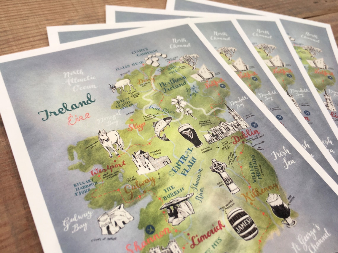 Ireland Postcard Hand Drawn Map Illustrated Postcard Irish - Etsy