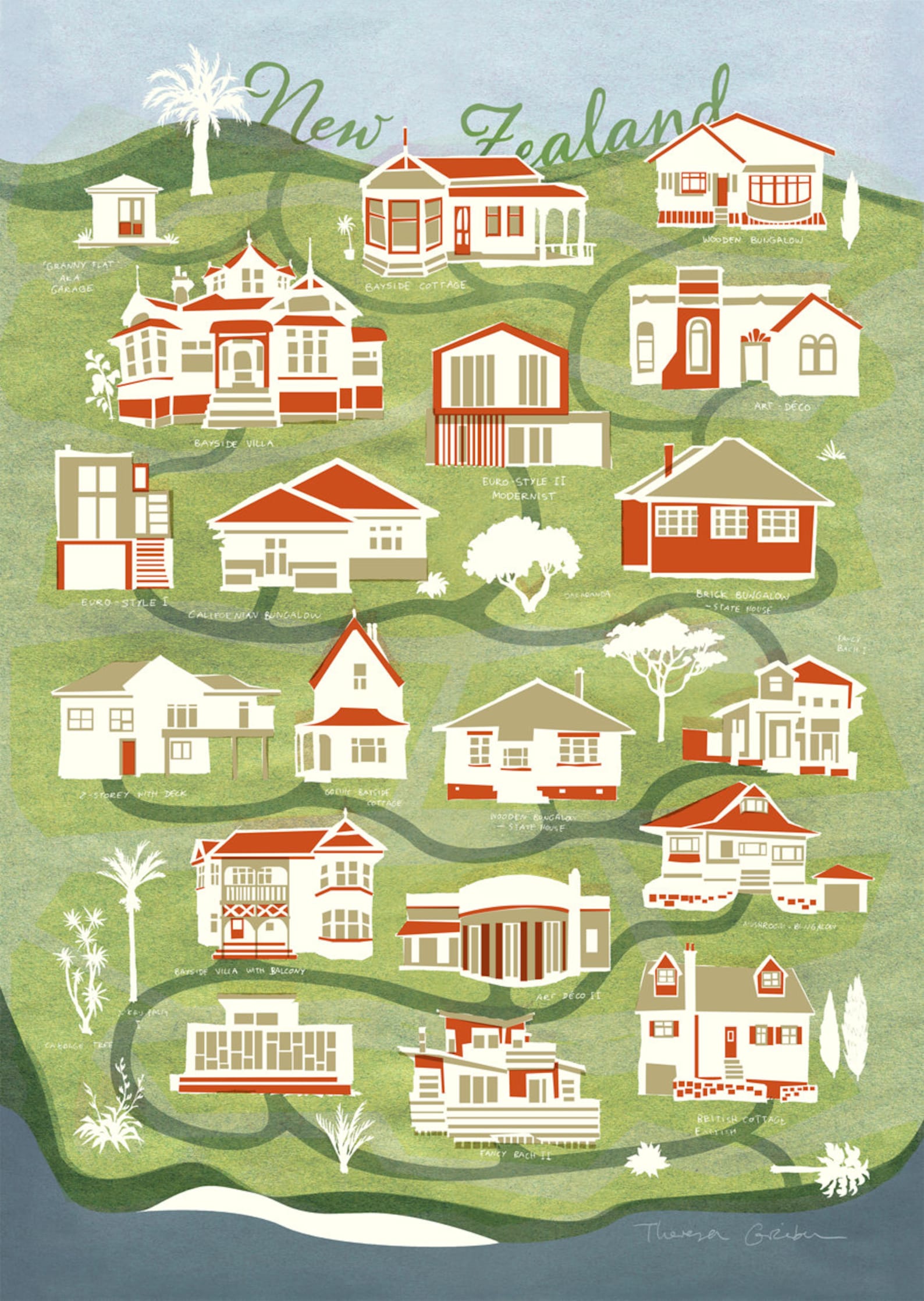 New Zealand Map of Houses, Fine Art Print, NZ Architecture, Beautiful ...