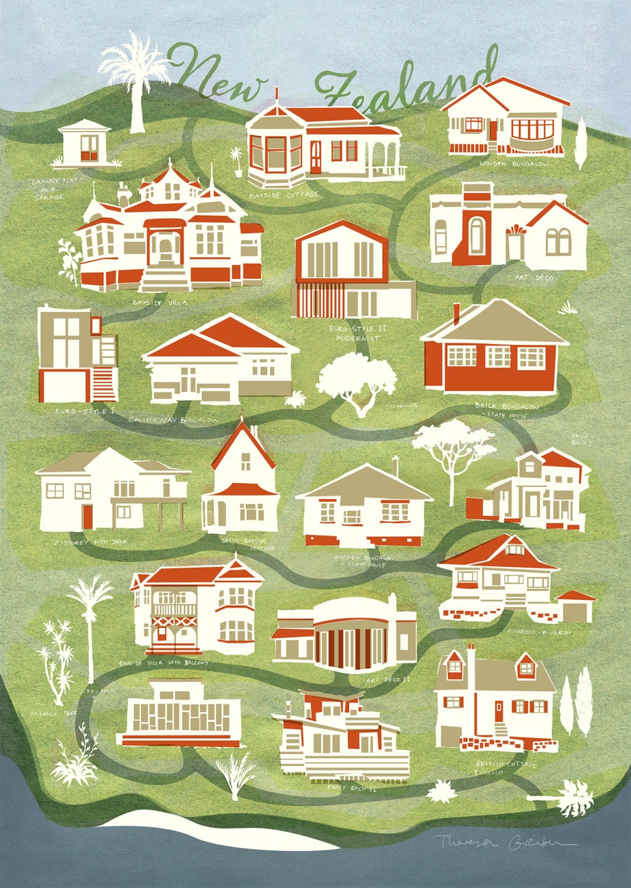 New Zealand Map of Houses Fine Art Print NZ Architecture - Etsy