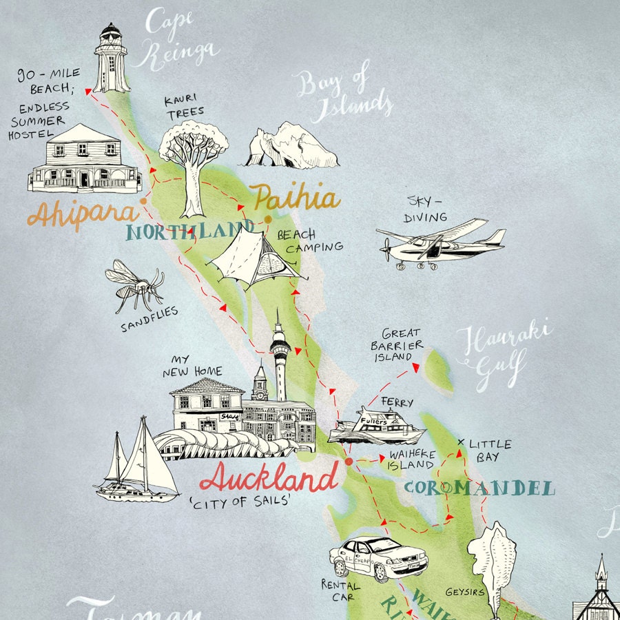 Large Print New Zealand Map of North Island, Giclee Art Print, Lovely ...