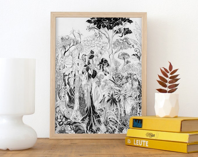 Jungle Drawing, Fine Art Print, Tropical Decor, Rainforest Illustration ...