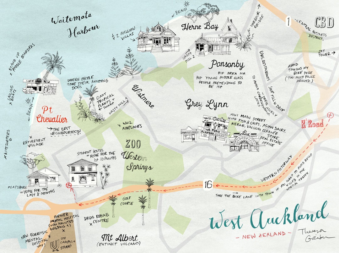 West Auckland Map, New Zealand Map, Art Print, Quirky, Colorful ...