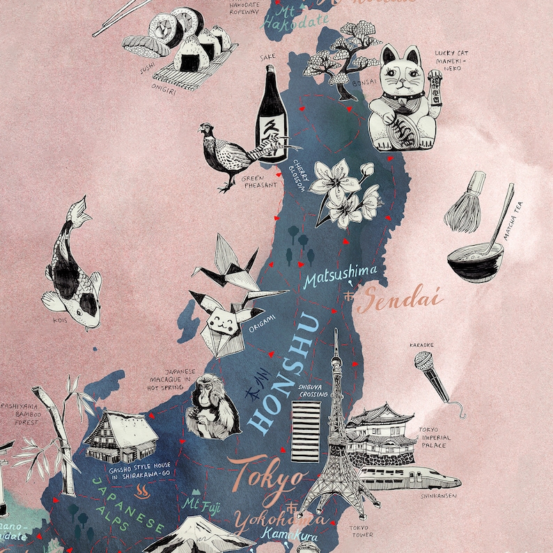 Japan Map Art Print Illustrated Map of Japan Travel - Etsy