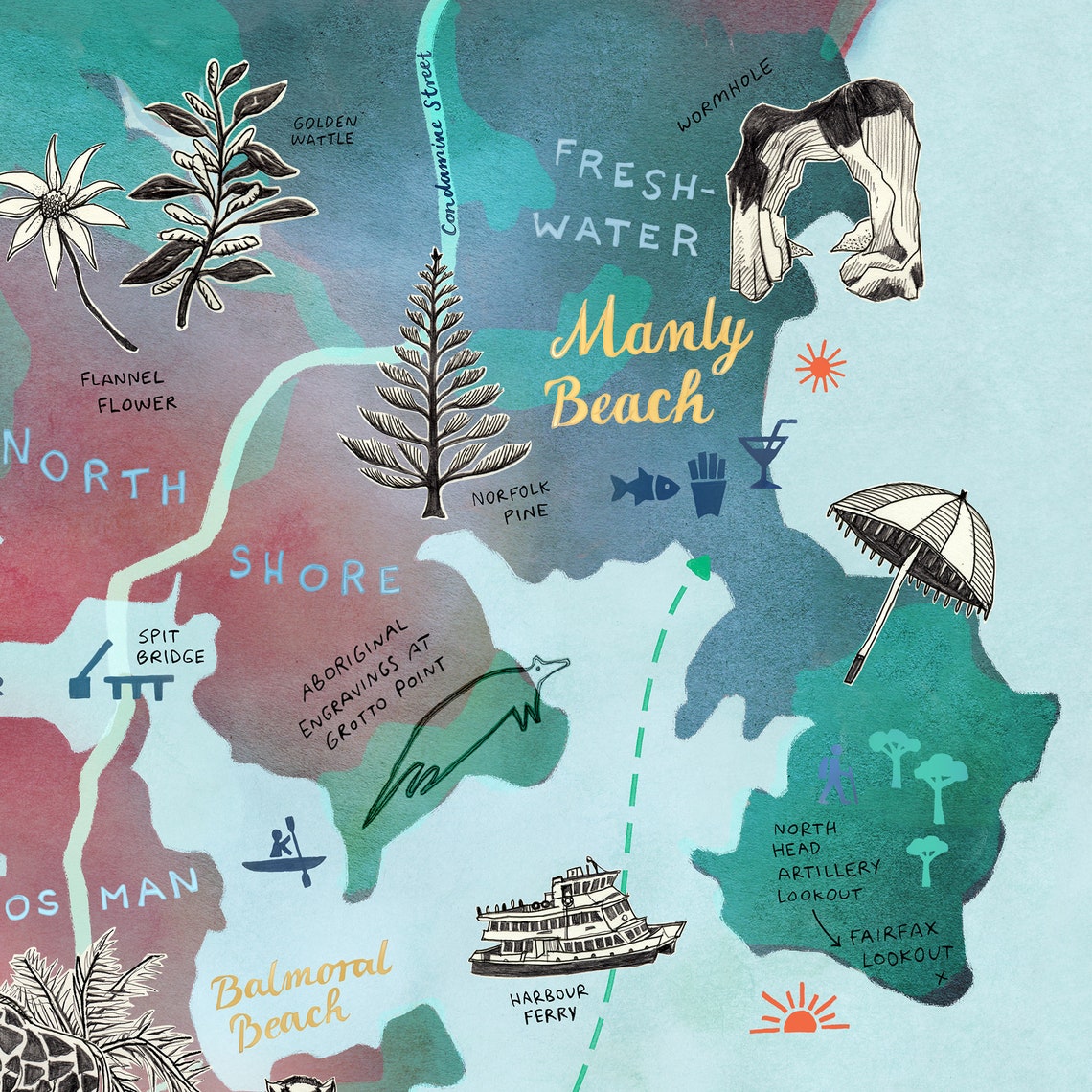 Sydney Map Australian Art Print Illustrated City Map Large | Etsy