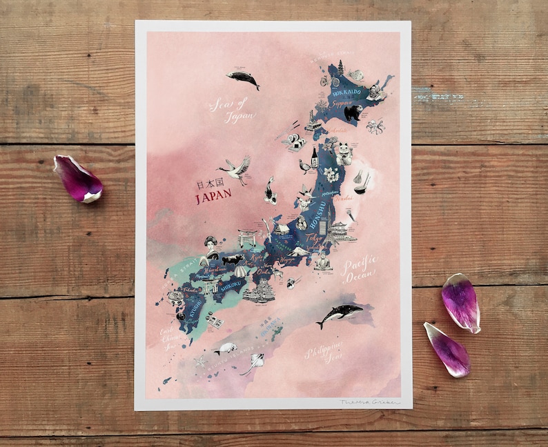 Japan Map Art Print Illustrated Map of Japan Travel - Etsy