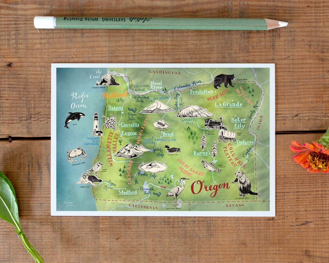 Oregon Postcard, Hand Drawn Travel Map, Illustrated Mini Print, Oregon ...