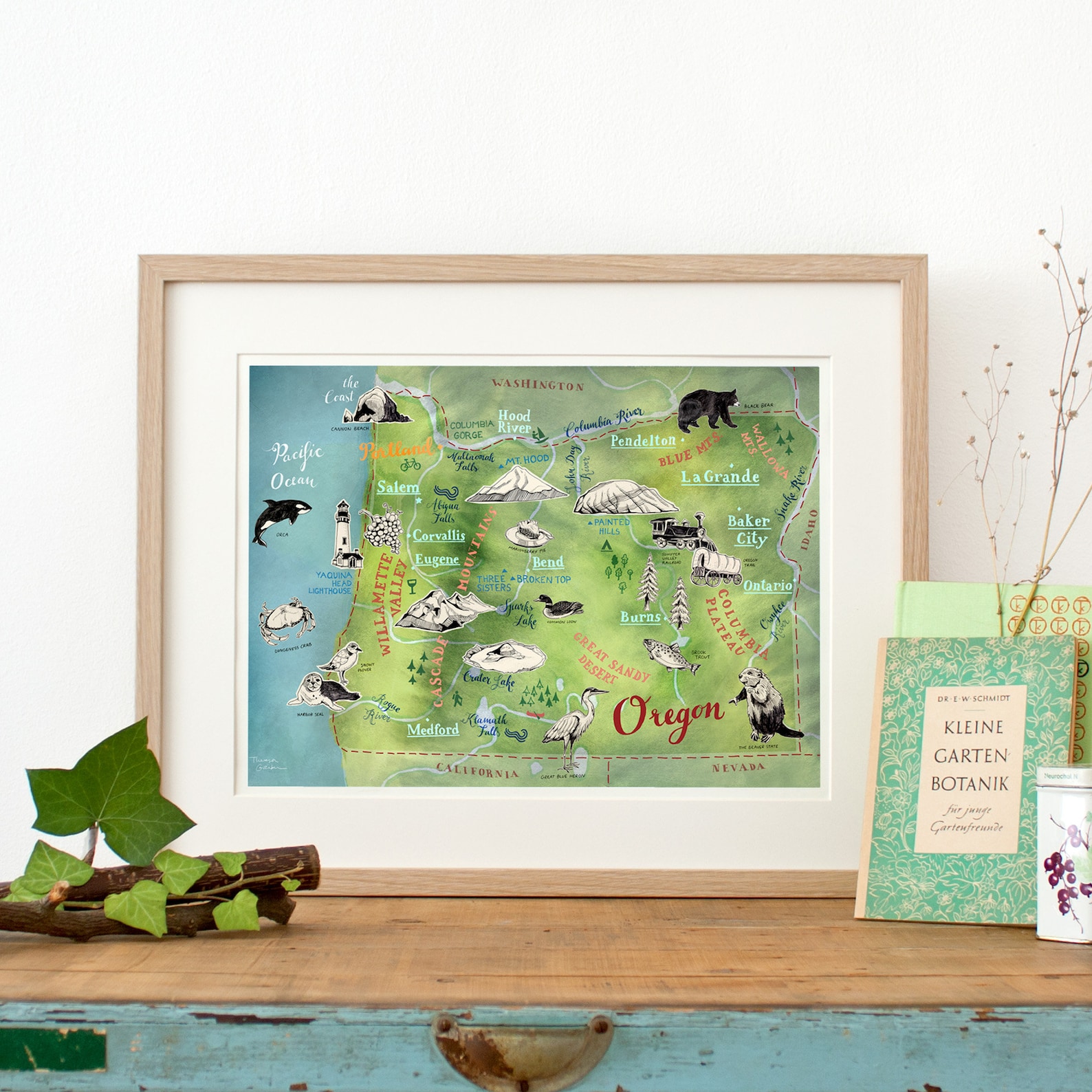 Oregon Map, Art Print, Illustrated Map of Oregon, Pacific North West ...