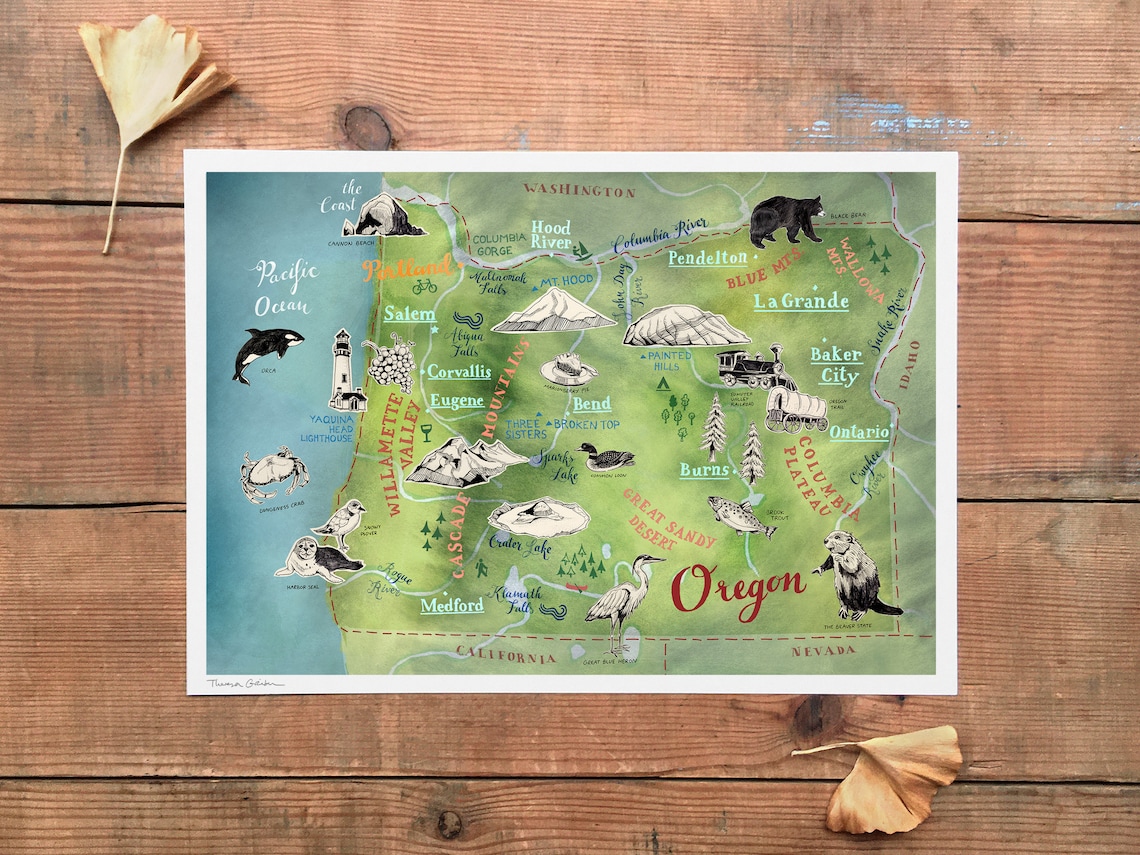 Oregon Map, Art Print, Illustrated Map of Oregon, Pacific North West ...