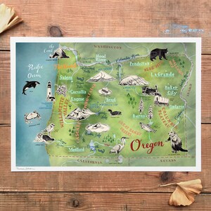 Oregon Map, Art Print, Illustrated Map of Oregon, Pacific North West ...