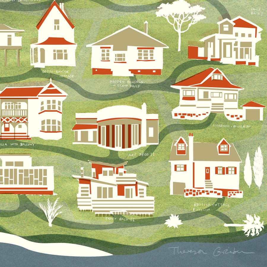 New Zealand Map of Houses Fine Art Print NZ Architecture - Etsy