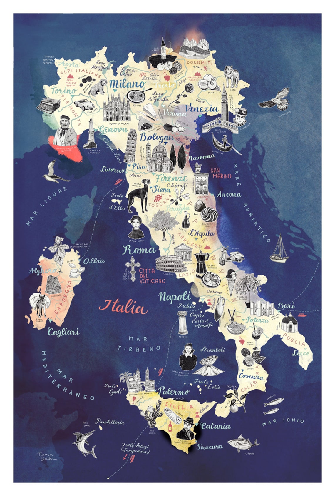 Italy Postcard, Hand Drawn Travel Map, Illustrated Mini Italy Print ...