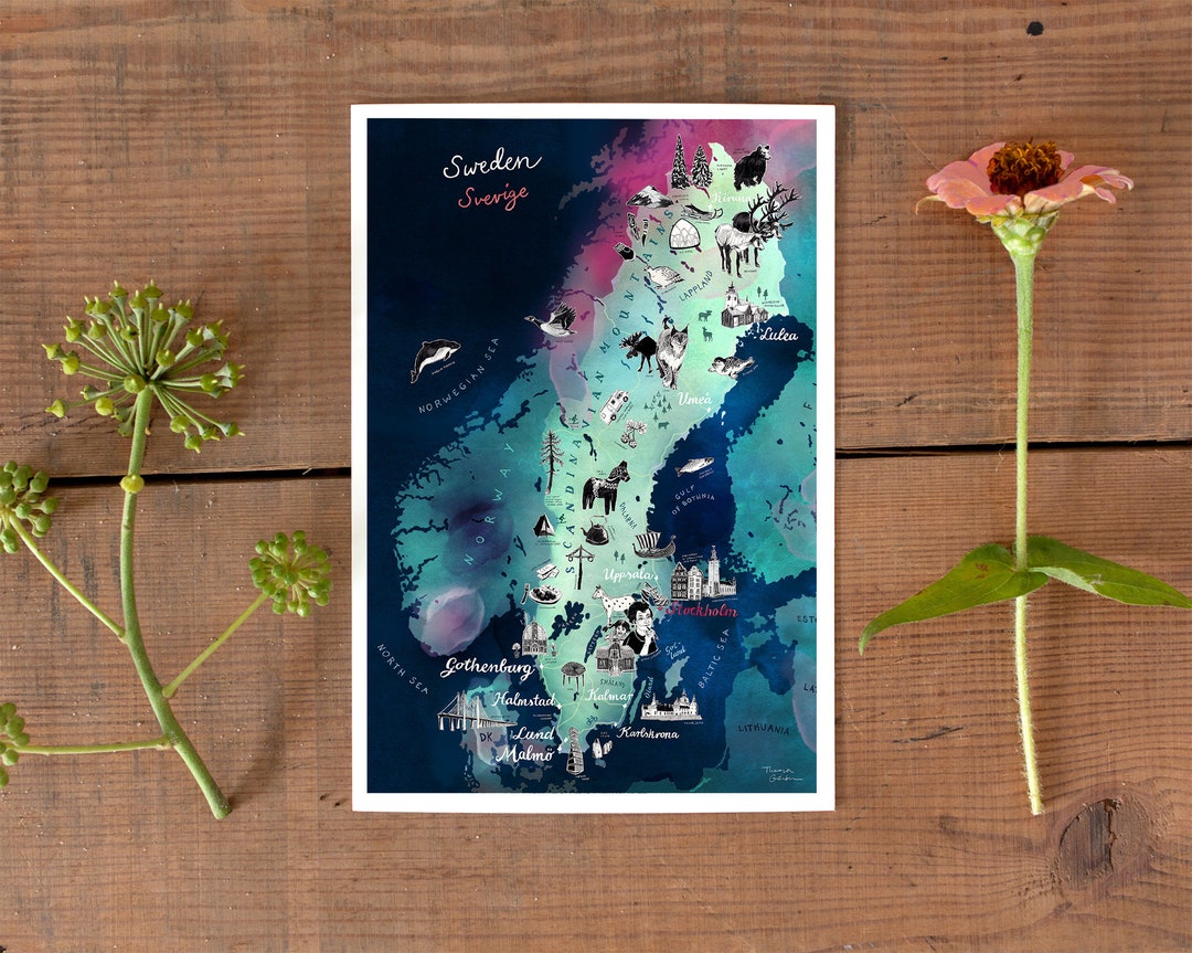 Sweden Postcard, Hand Drawn Travel Map, Illustrated Postcard of ...