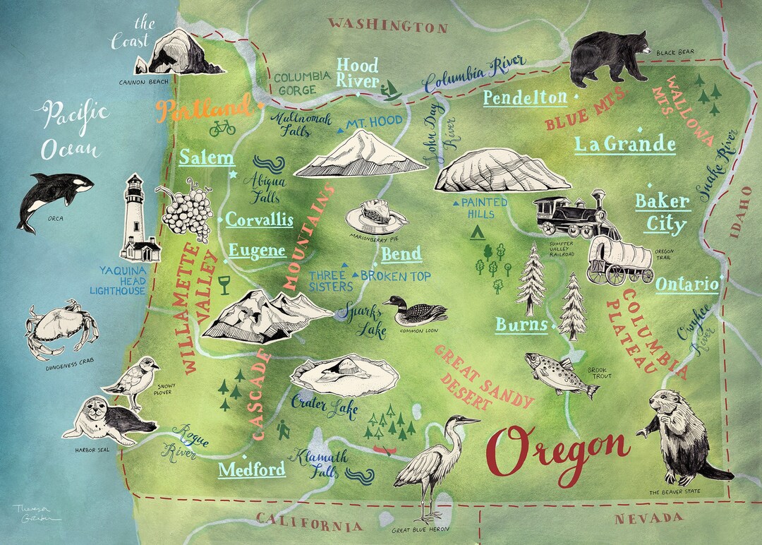 Oregon Map, Art Print, Illustrated Map of Oregon, Pacific North West ...