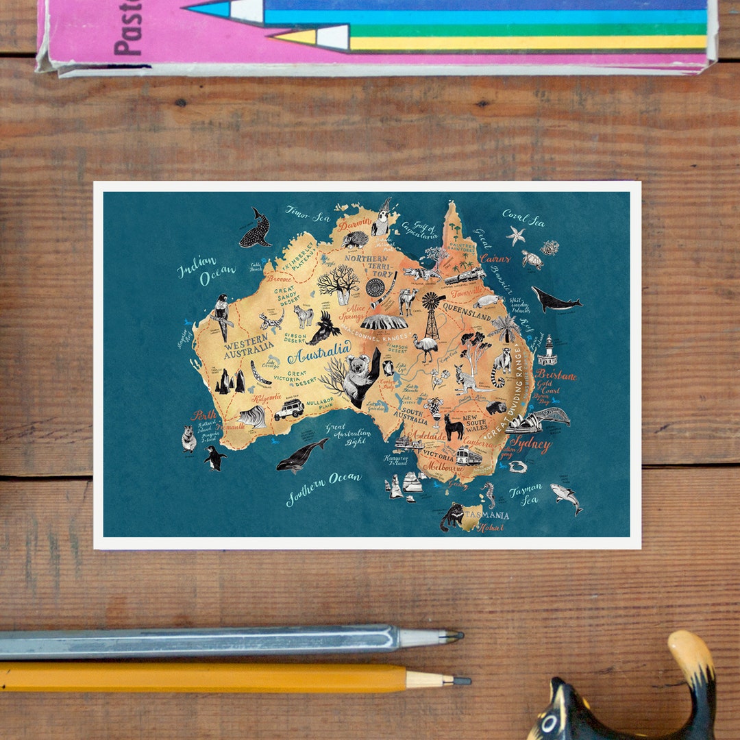 Australia Postcard, Hand Drawn Travel Map, Illustrated Miniprint ...