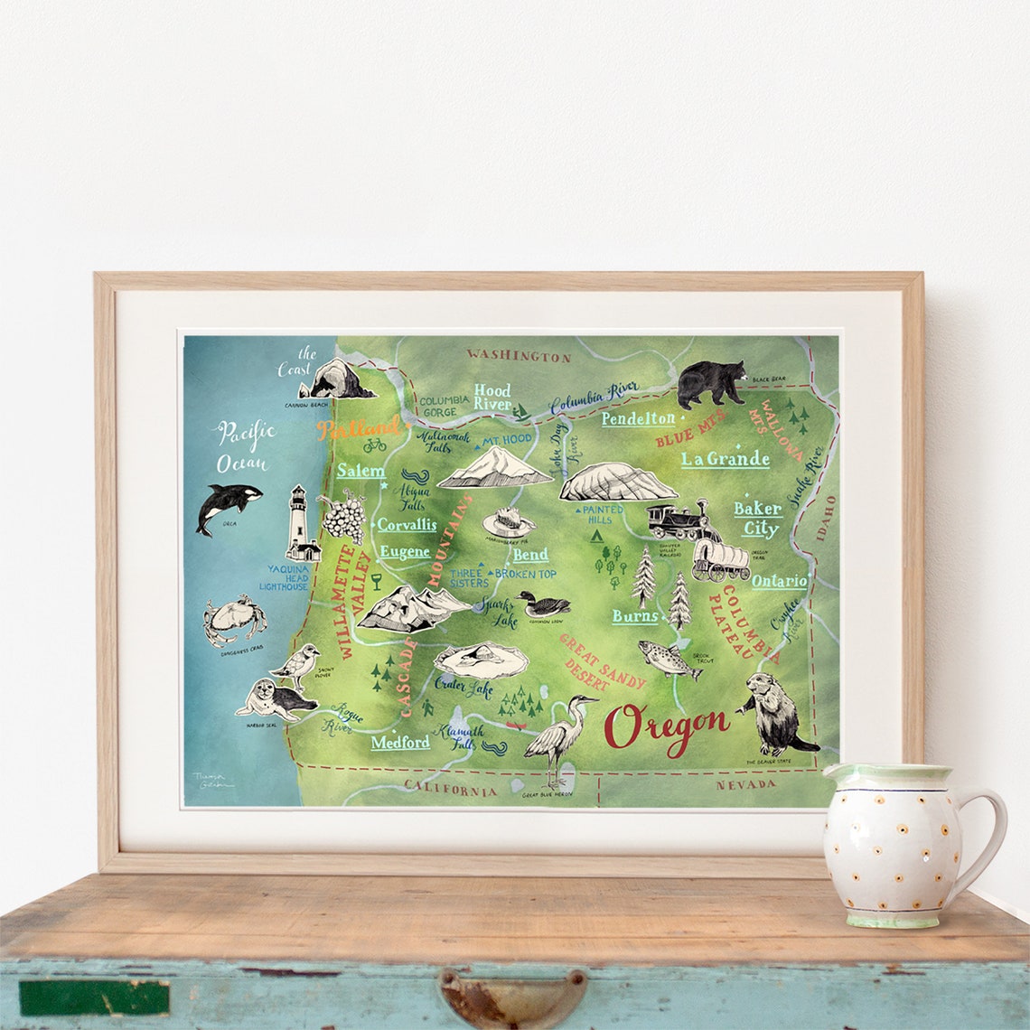 Oregon Map Art Print Illustrated Map of Oregon Pacific - Etsy