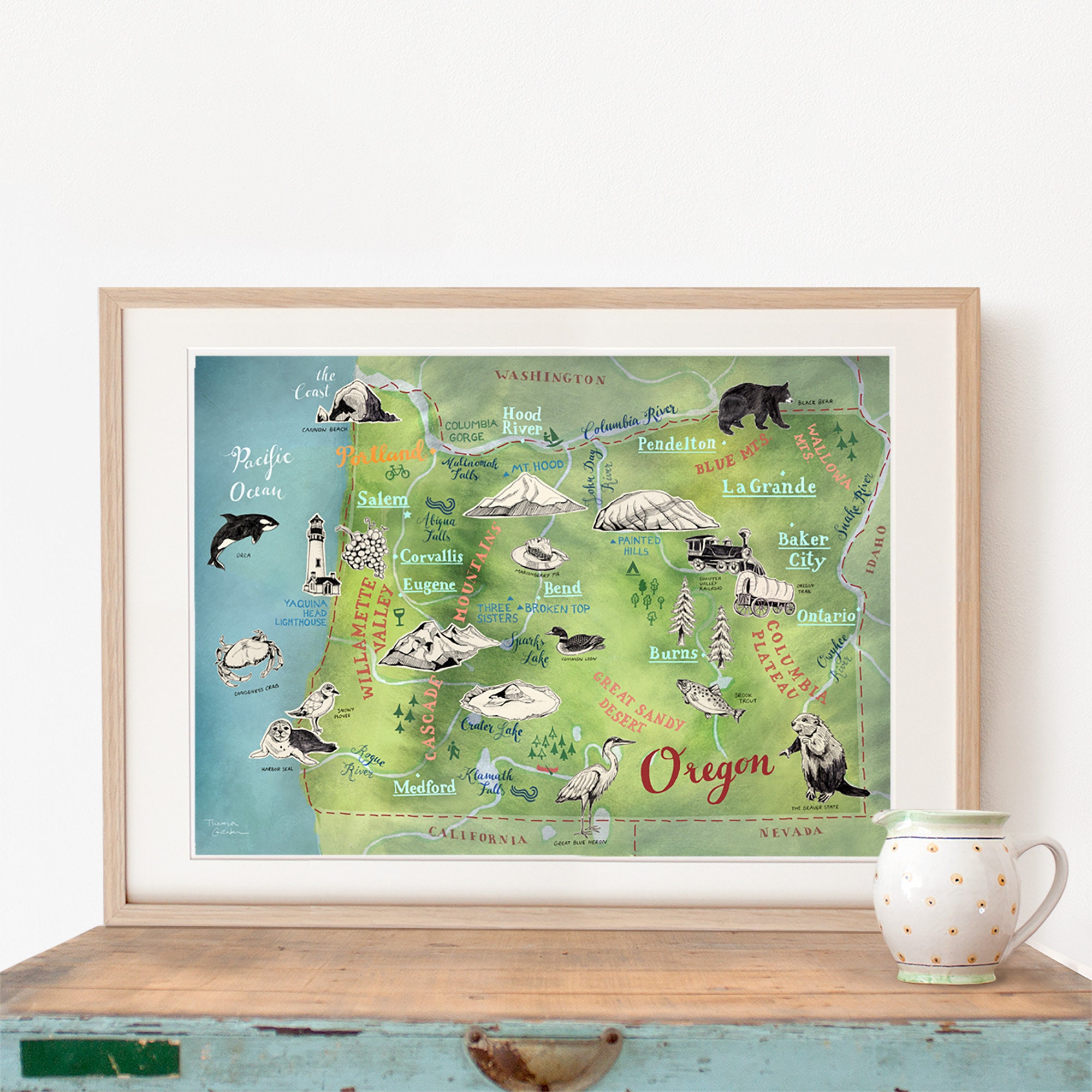 Oregon Map Art Print Illustrated Map of Oregon Pacific - Etsy