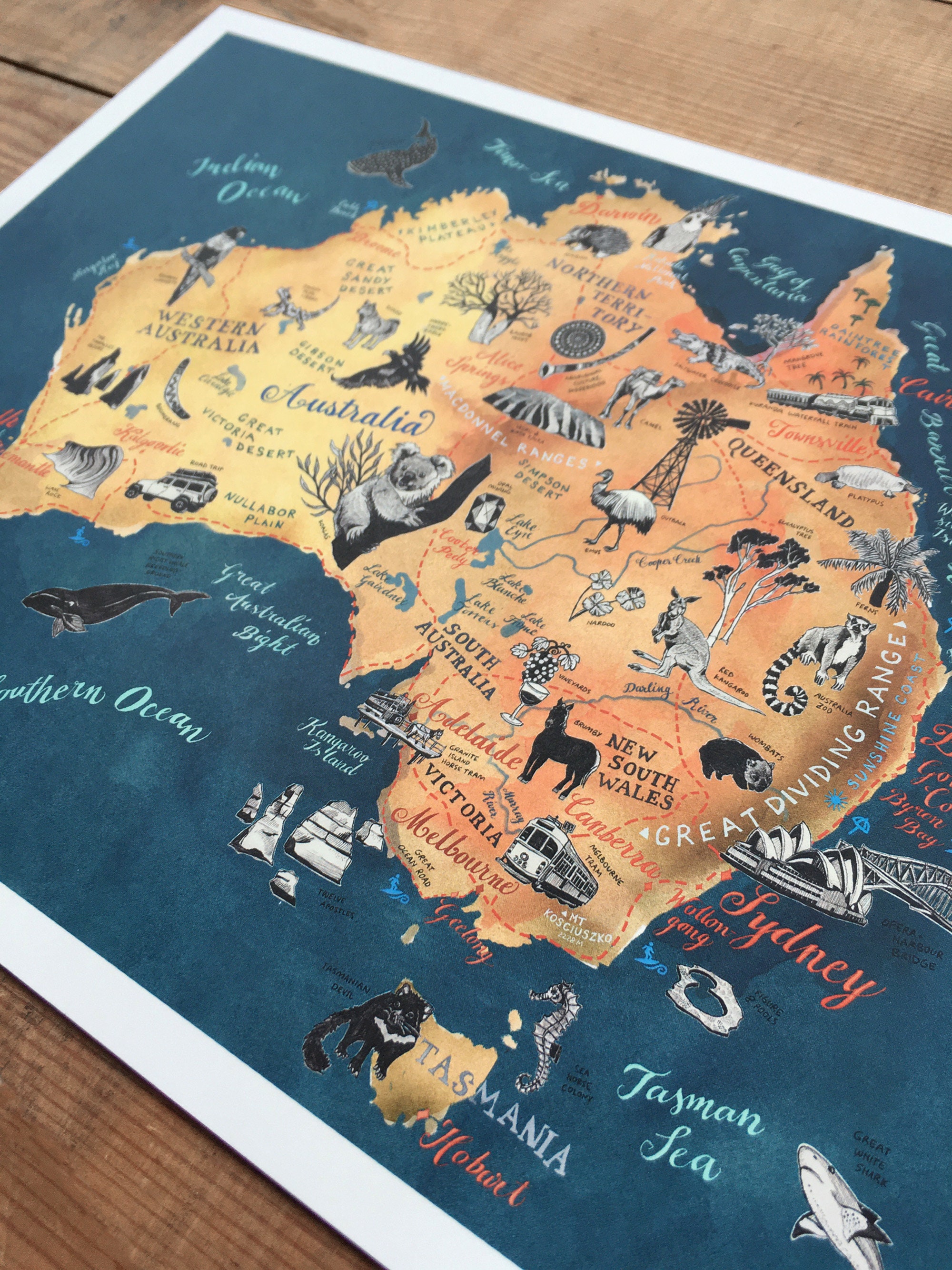 Australia Map Australian Art Print Illustrated Map Aussie | Etsy