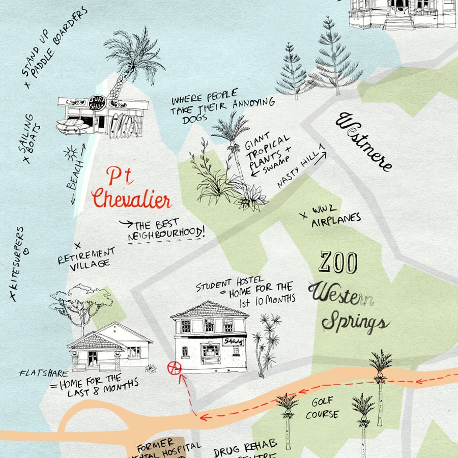 West Auckland Map, New Zealand Map, Art Print, Quirky, Colorful ...
