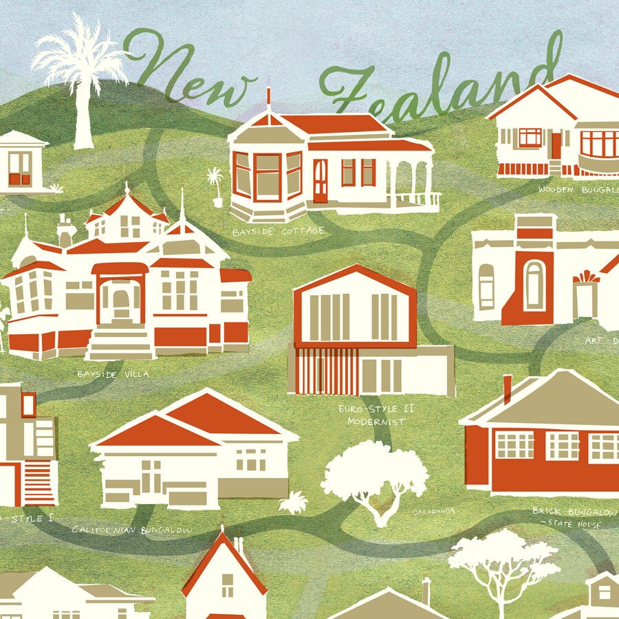 New Zealand Map of Houses Fine Art Print NZ Architecture - Etsy