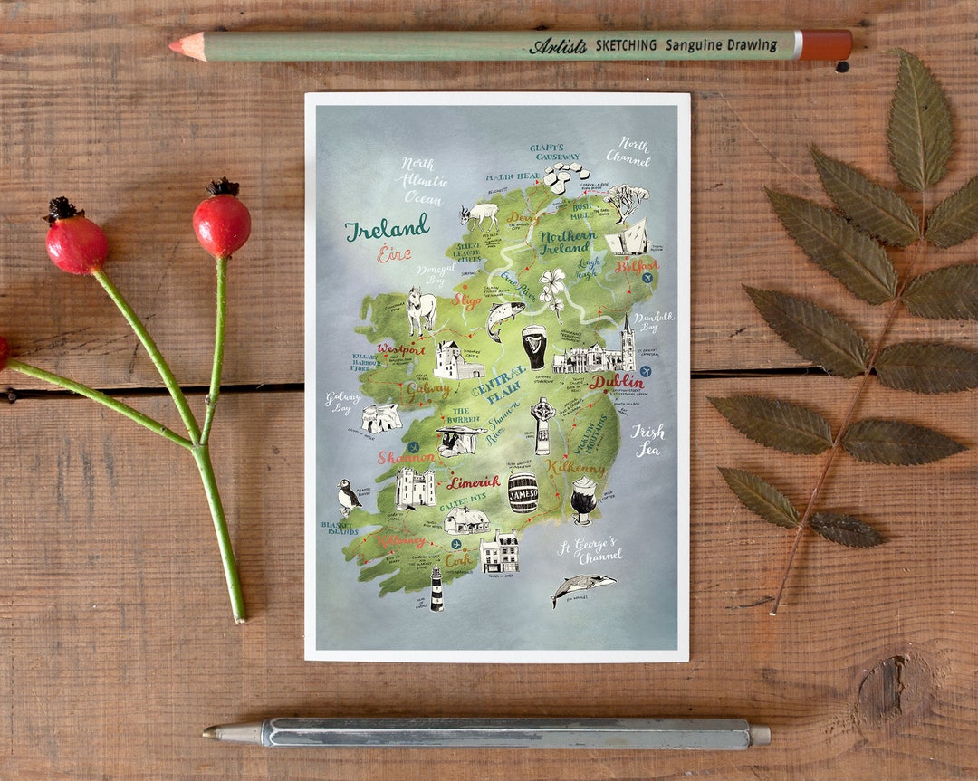 Ireland Postcard, Hand Drawn Map, Illustrated Postcard, Irish Art, Map ...