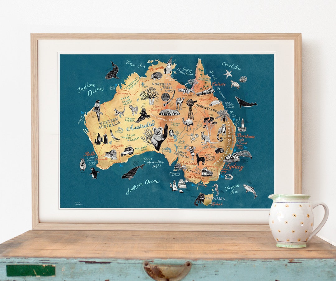 Australia Map, Large Size Australian Art Print, Illustrated Map, Aussie ...