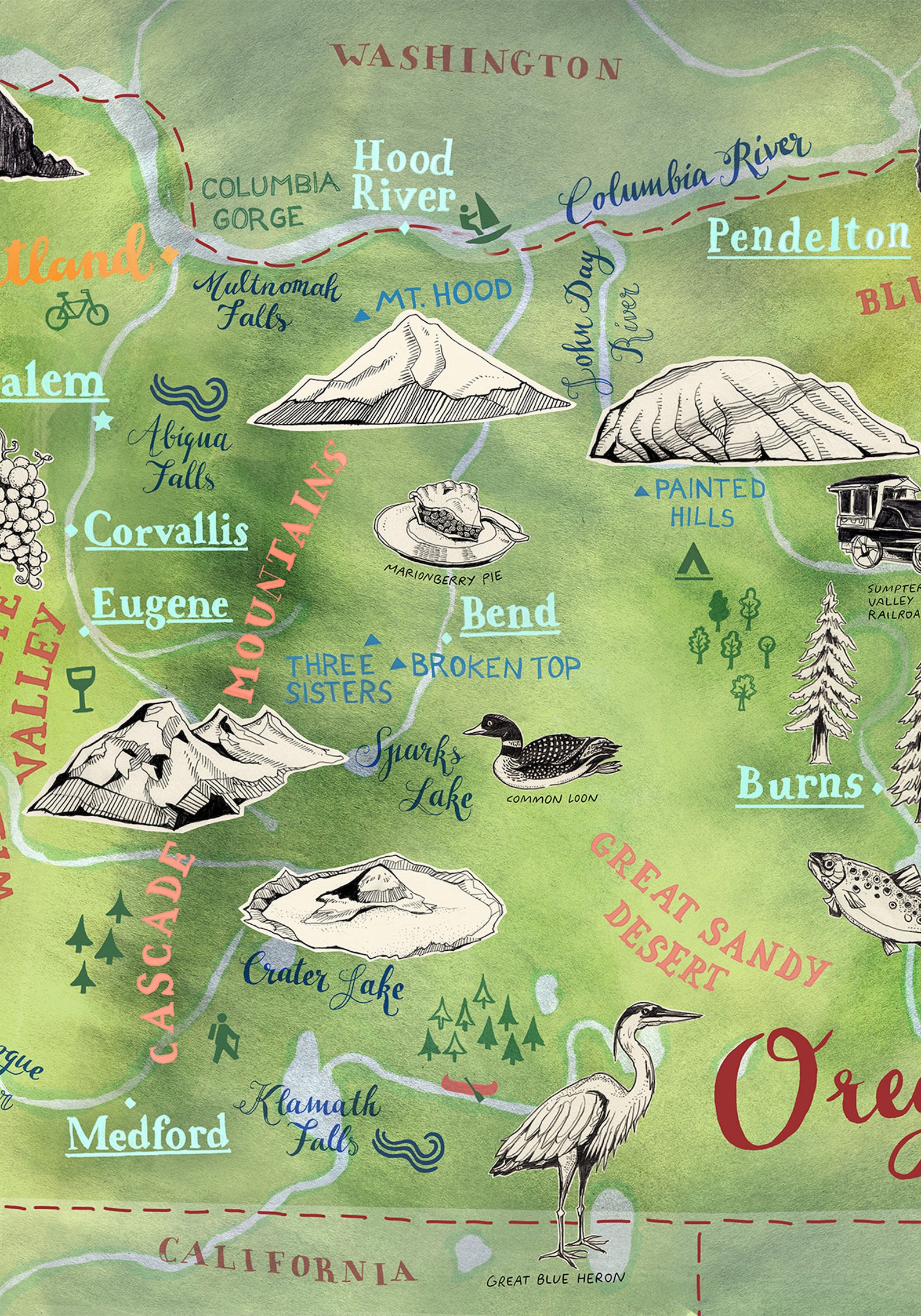 Oregon Map, Art Print, Illustrated Map of Oregon, Pacific North West ...