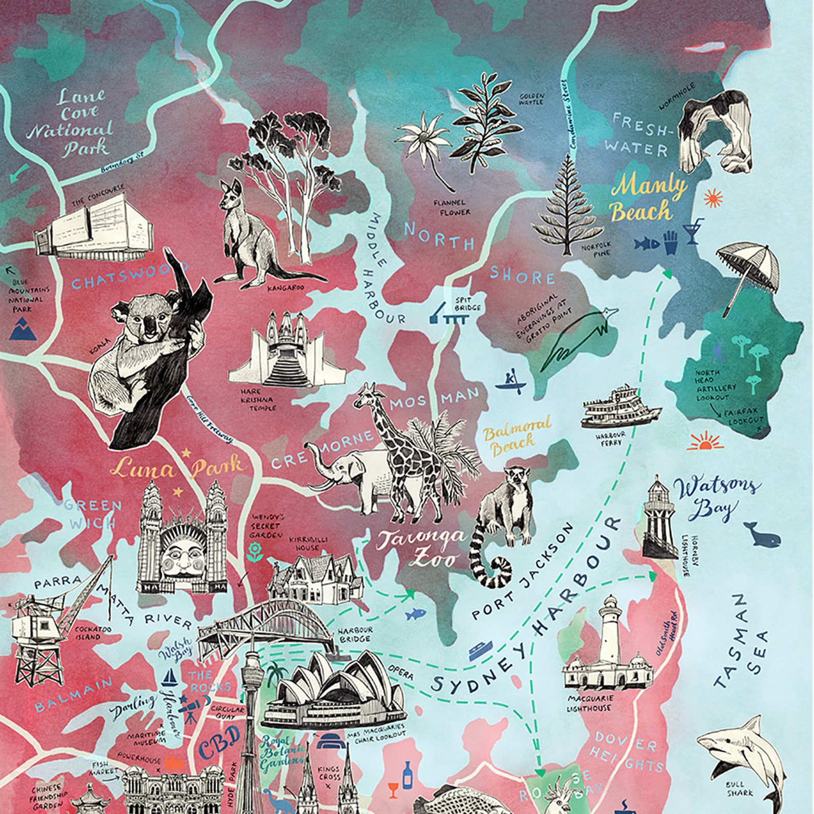 Sydney Postcard, Hand Drawn City Map Card, Illustrated Miniprint of ...