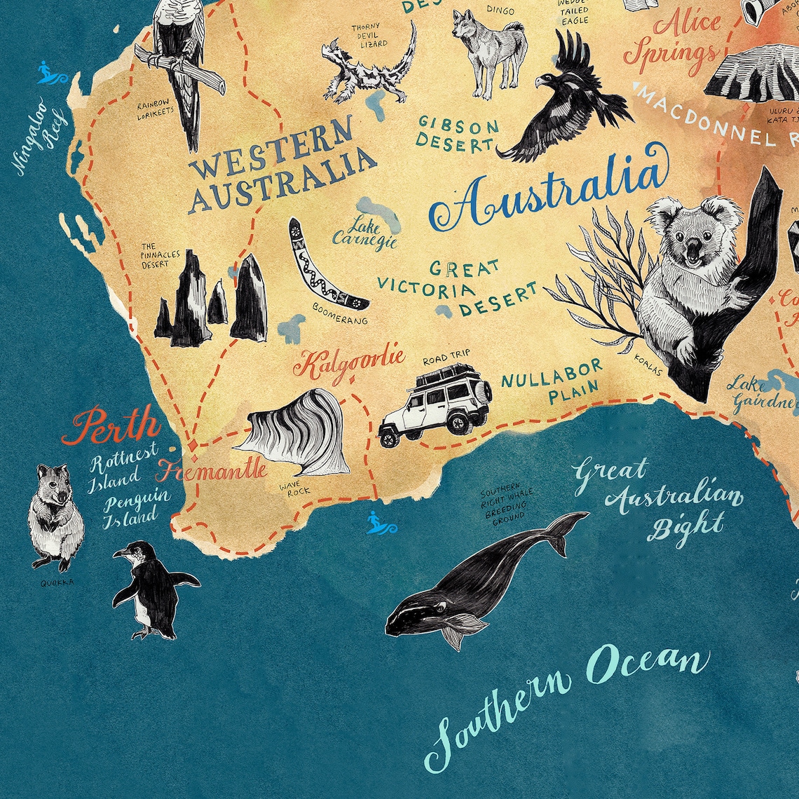 Australia Map, Large Size Australian Art Print, Illustrated Map, Aussie ...