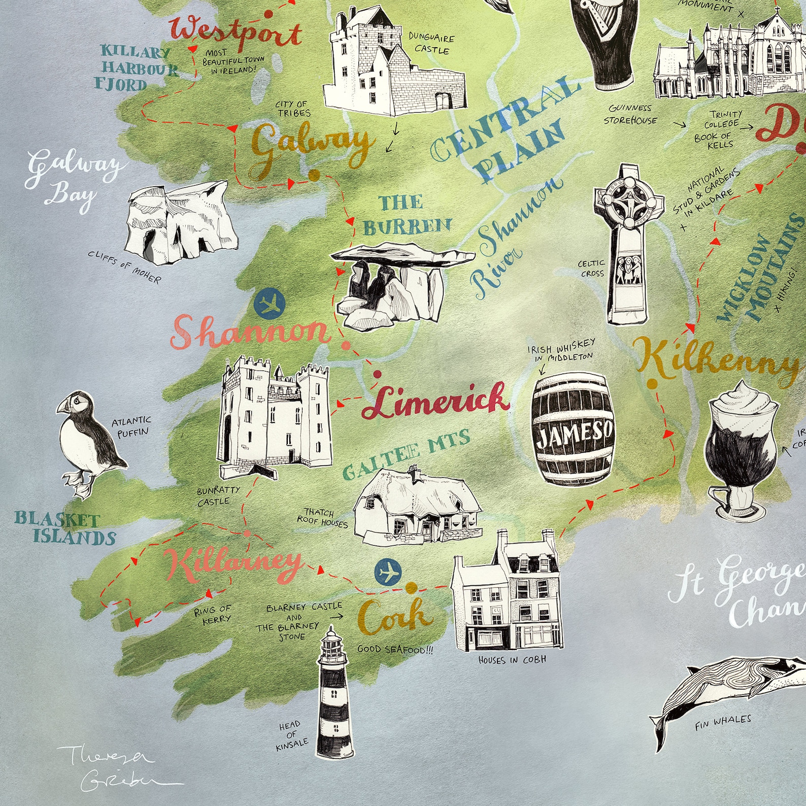 Ireland Postcard, Hand Drawn Map, Illustrated Postcard, Irish Art, Map ...