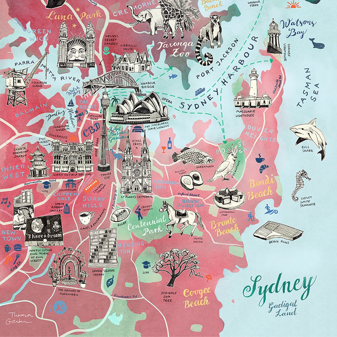 Sydney Postcard Hand Drawn City Map Card Illustrated | Etsy