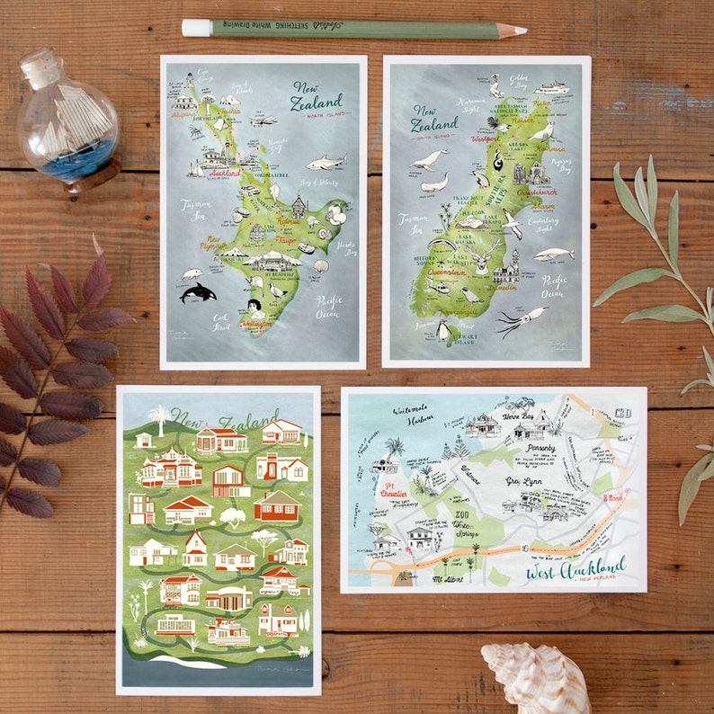 4 Postcard Set Maps of New Zealand New Zealand Art Kiwiana - Etsy