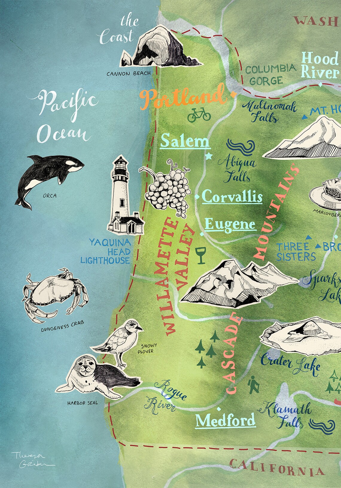 Oregon Map Art Print Illustrated Map of Oregon Pacific - Etsy