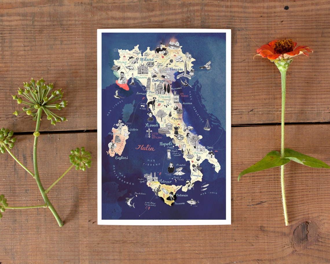 Italy Postcard, Hand Drawn Travel Map, Illustrated Mini Italy Print ...