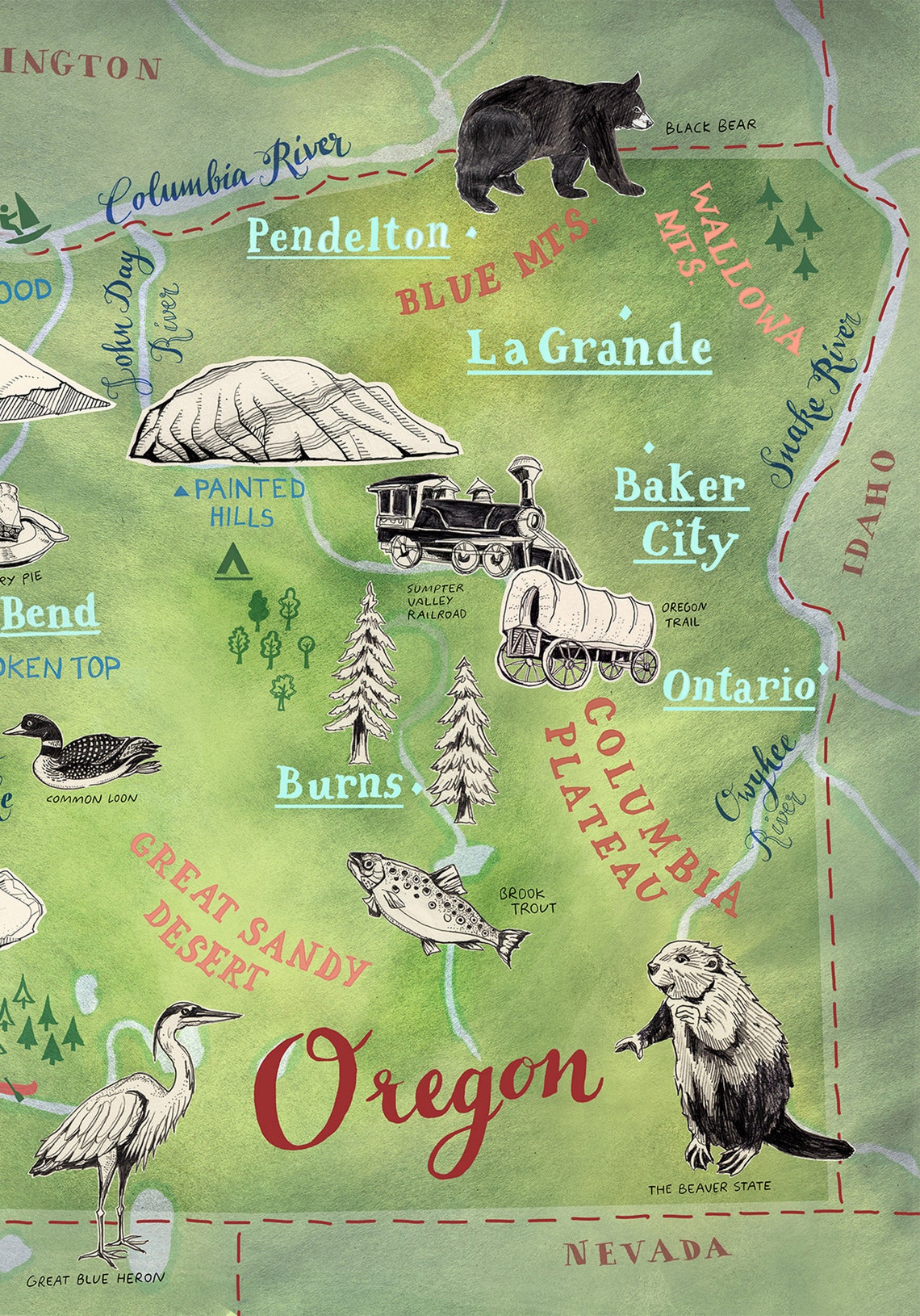 Oregon Map Art Print Illustrated Map of Oregon Pacific - Etsy