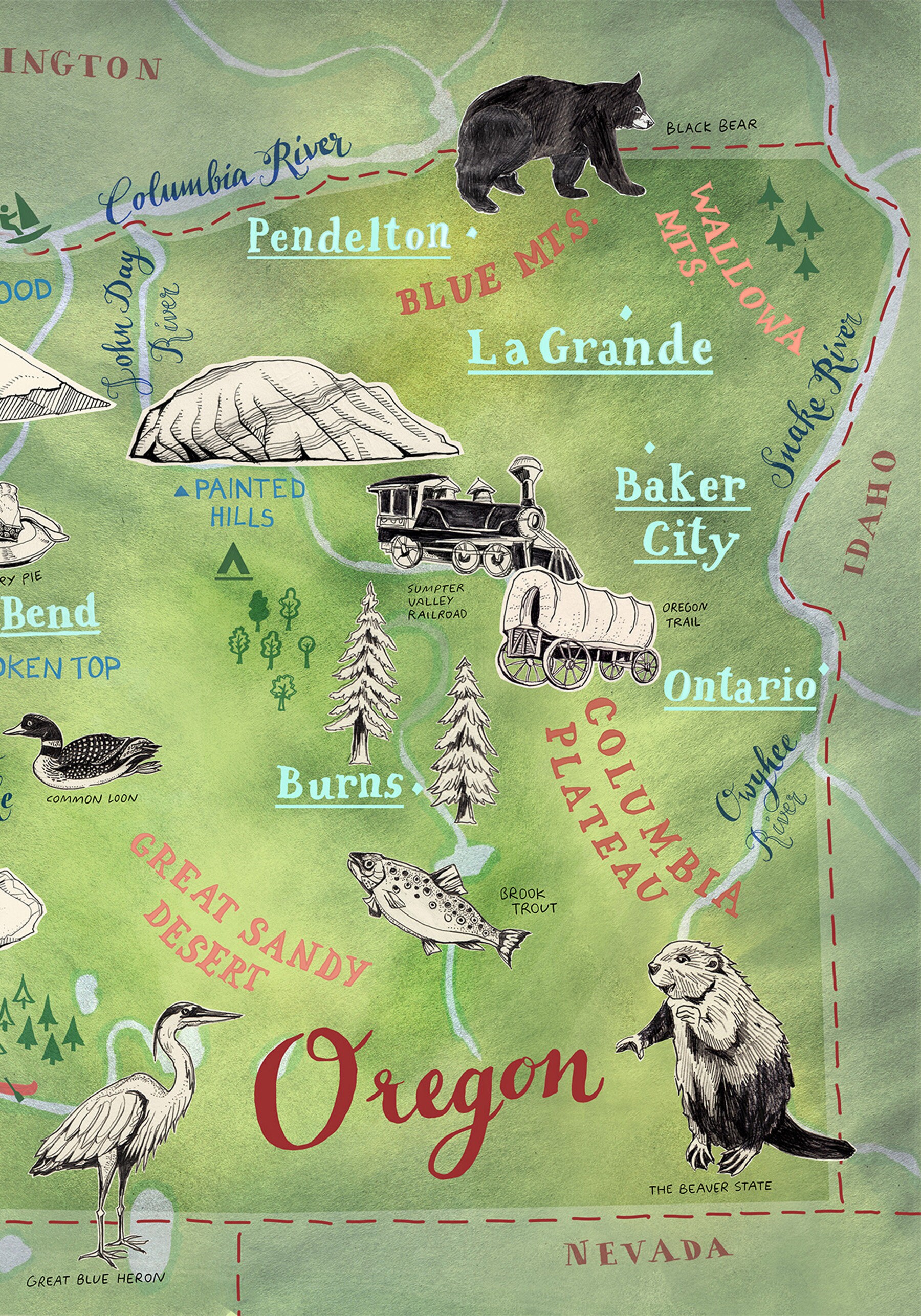 Oregon Map Art Print Illustrated Map of Oregon Pacific - Etsy